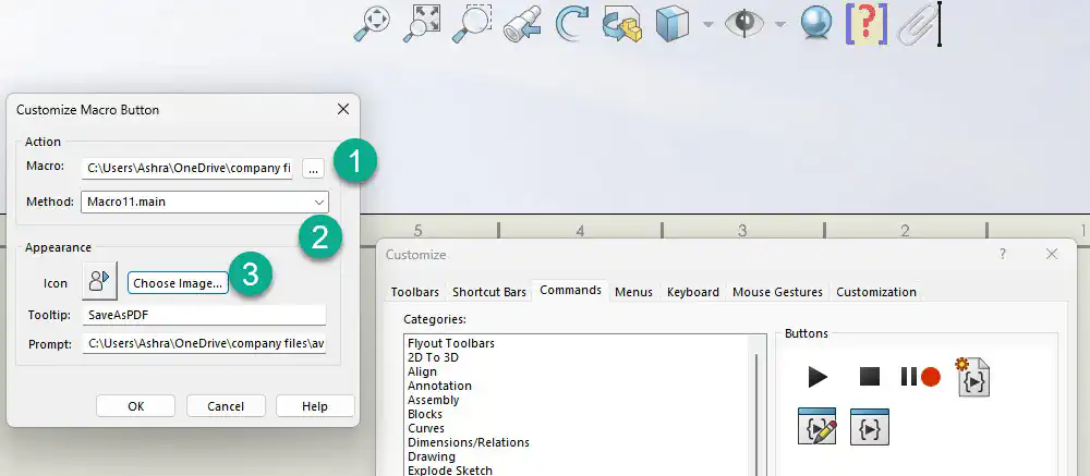 Assign a Button to a Macro in SolidWorks.